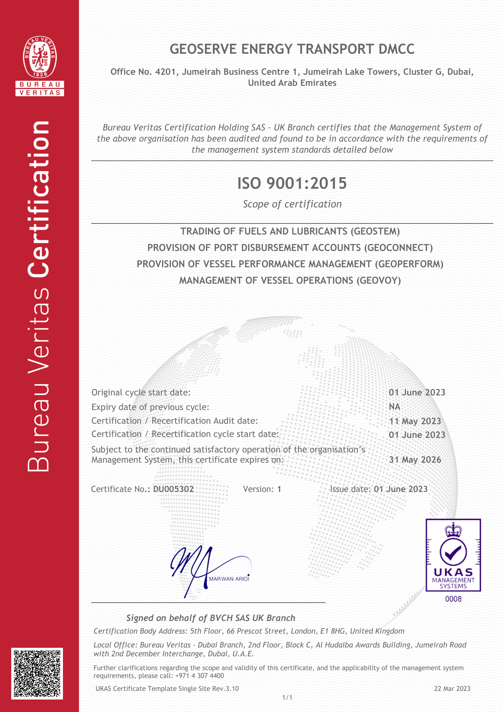 GeoServe achieves ISO 9001:2015 Certification from Bureau Veritas (BV)